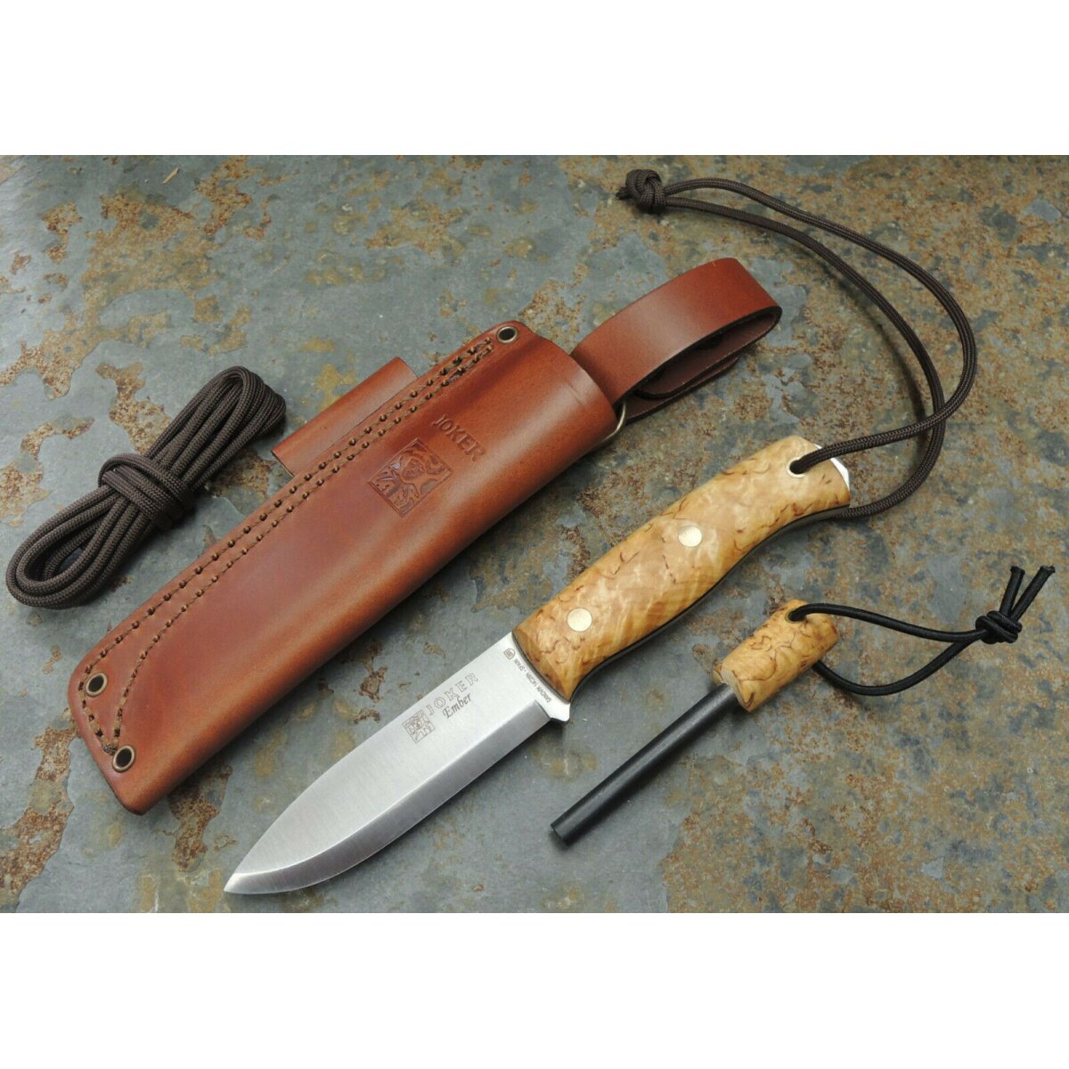 JoKeR EMBER Messer Bushcraft Scandi o. Flachschliff 14C28N Stahl Waln