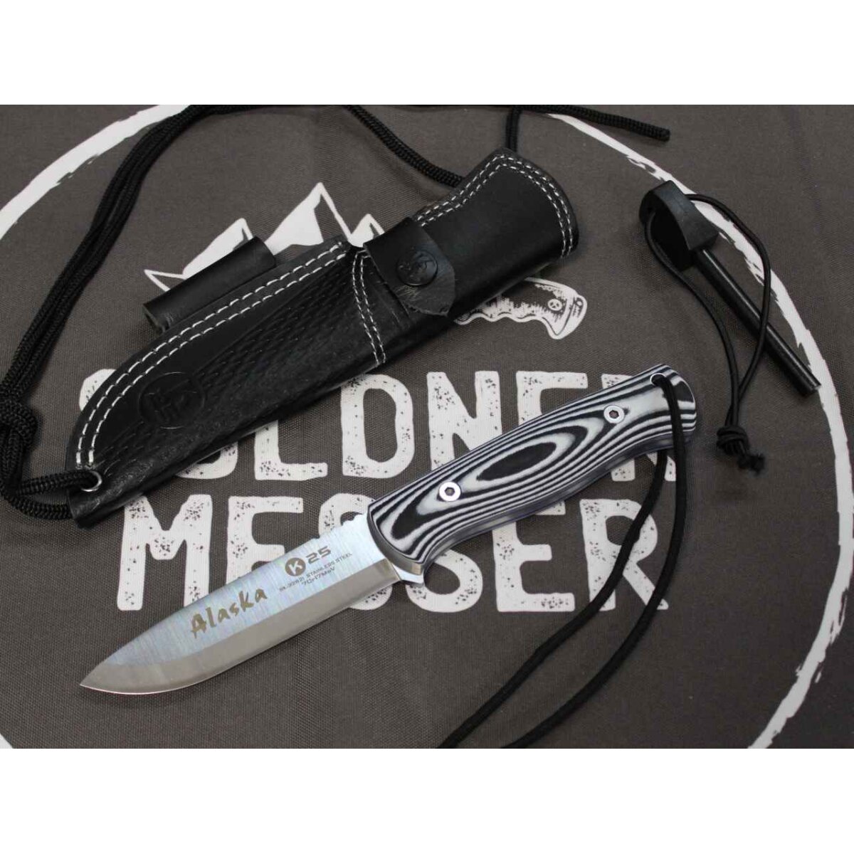K25 Alaska Bushcraft Knife mit Lederscheide und Feuerstarter, 74,95